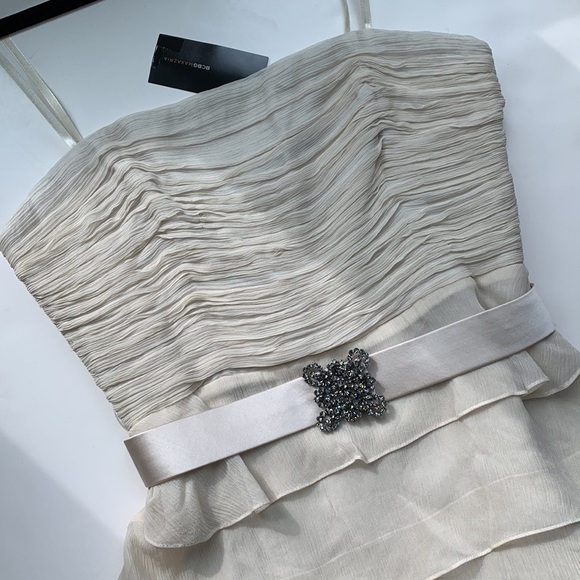 BCBG | Dresses | Bcbg Offwhite Chalk Ruffled Silk Chiffon Ostrich ...